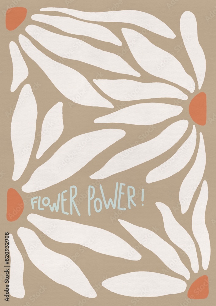 vintage flower power wall art, white retro cover design, modern mid ...