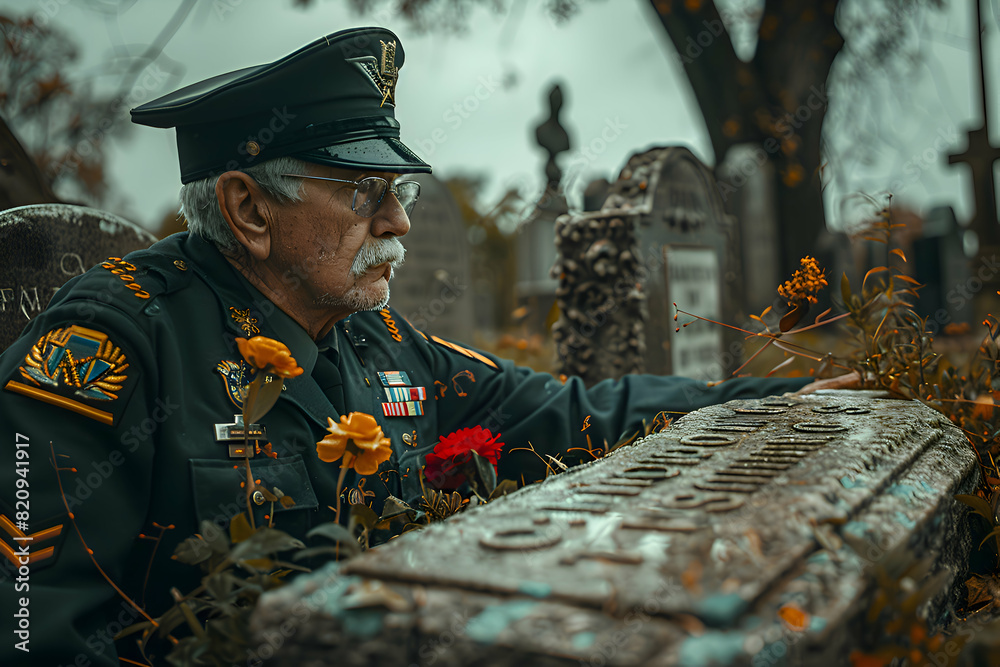 A veteran saluting a tombstone at a Memorial Day service, to highlight ...