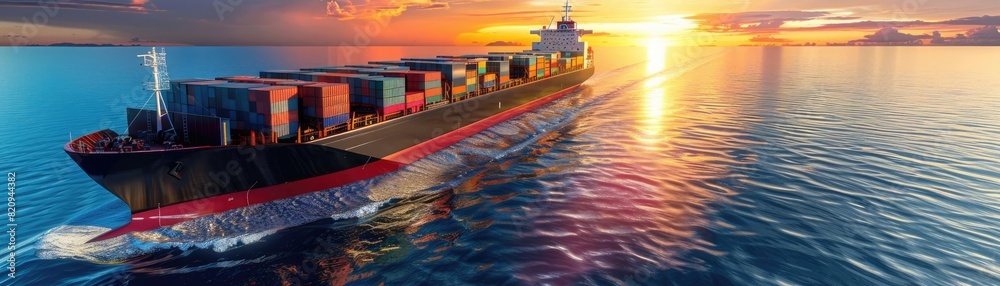 Sunset on the ocean with a large cargo container ship, aerial ...