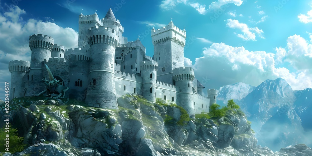 Medieval castle on cliff with dragons knights on epic quests to defeat ...
