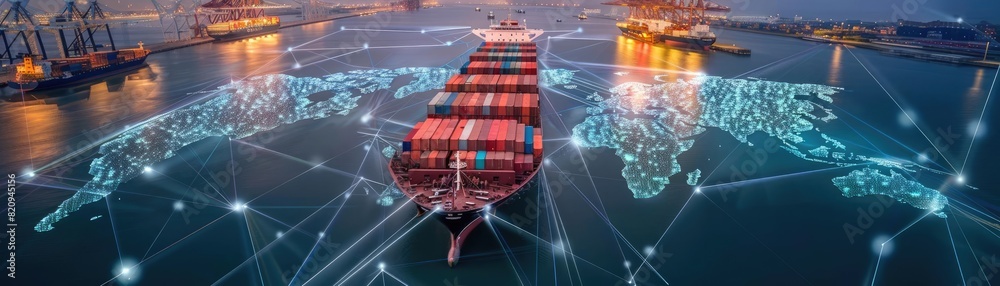 Topdown image of a container ship moving through international waters ...