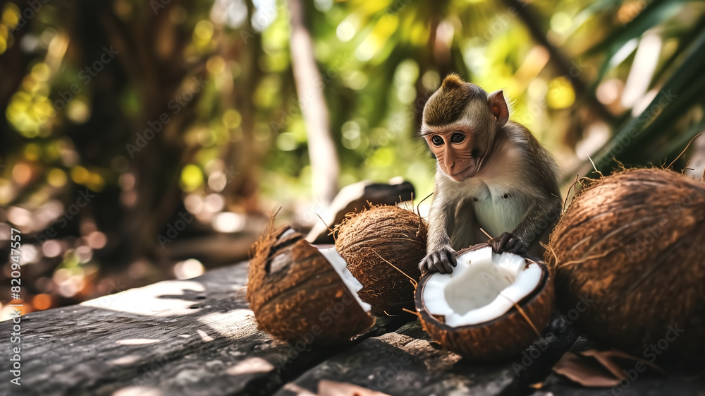 Baby monkey with coconuts on a wooden table in a tropical setting ...
