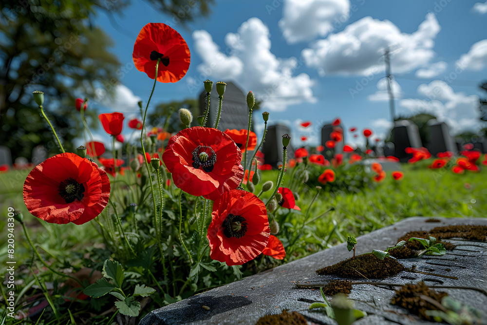 Tombstones adorned with red poppies and American flags on Memorial Day ...