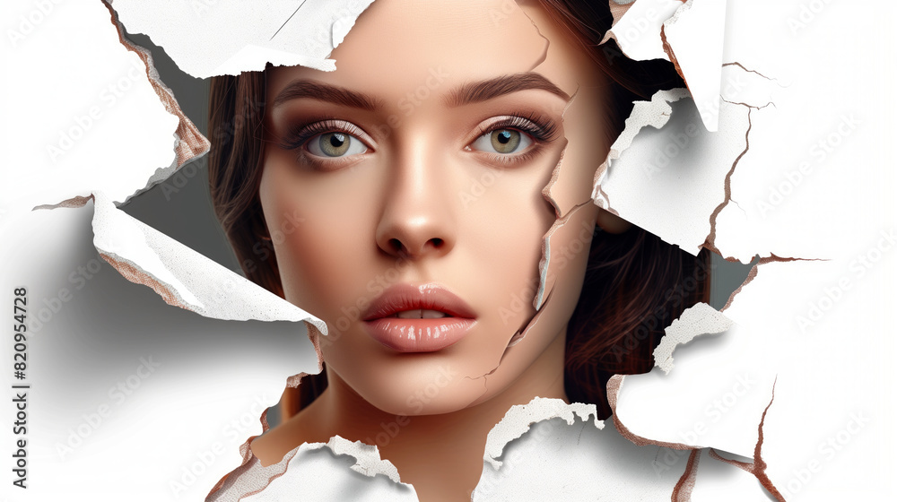 A woman's face is shown with a paper cutout of her face. The image is ...