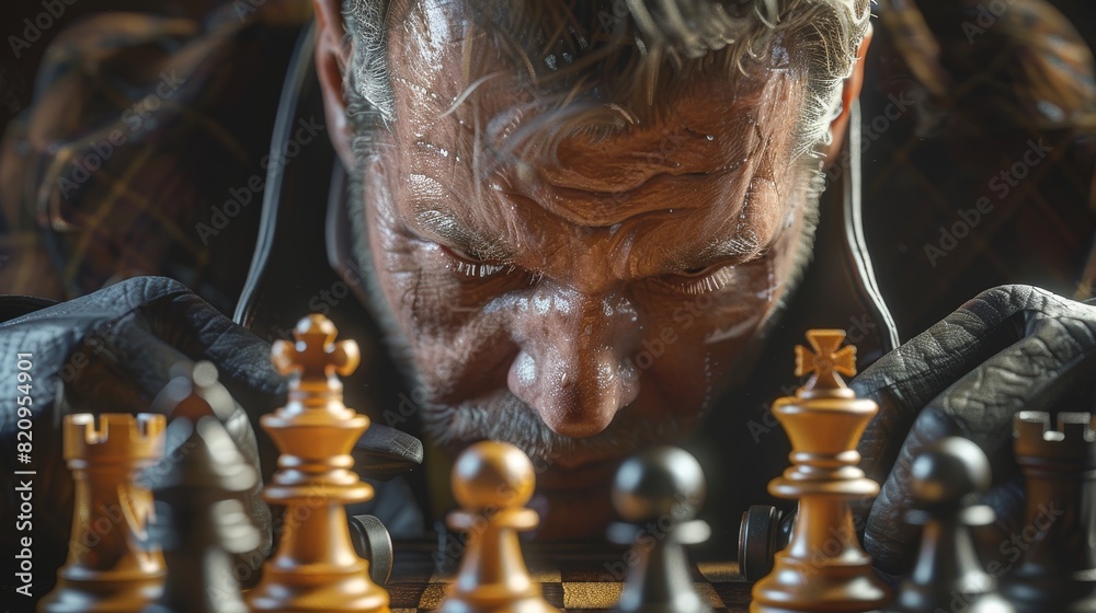 Render the concentration on a chess players face as they strategically ...