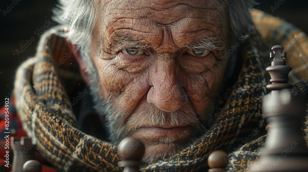 Render the concentration on a chess players face as they strategically ...