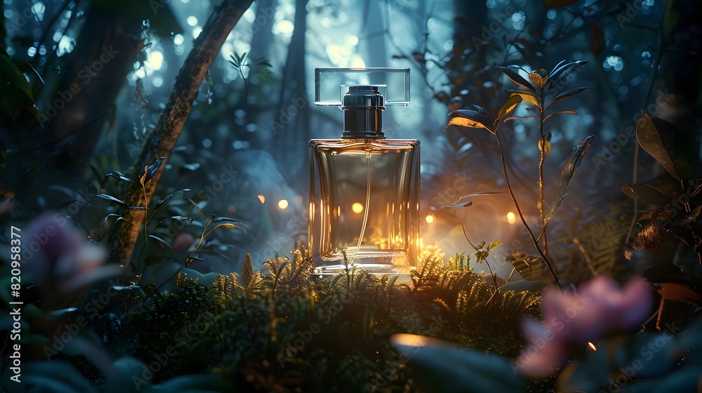 A hauntingly beautiful perfume ad set in an enchanted forest at dusk ...