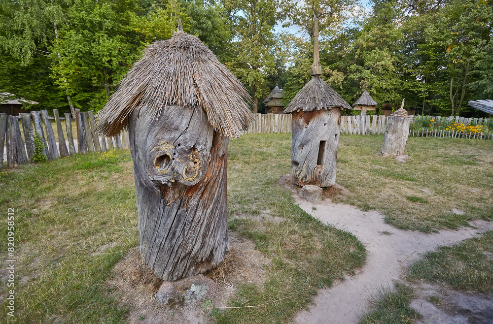 Rustic wooden tree hut in a forest formed from the trunk of a tree with ...