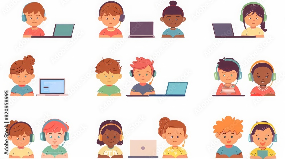 Set of children using PC and laptops Kids playing computer games ...