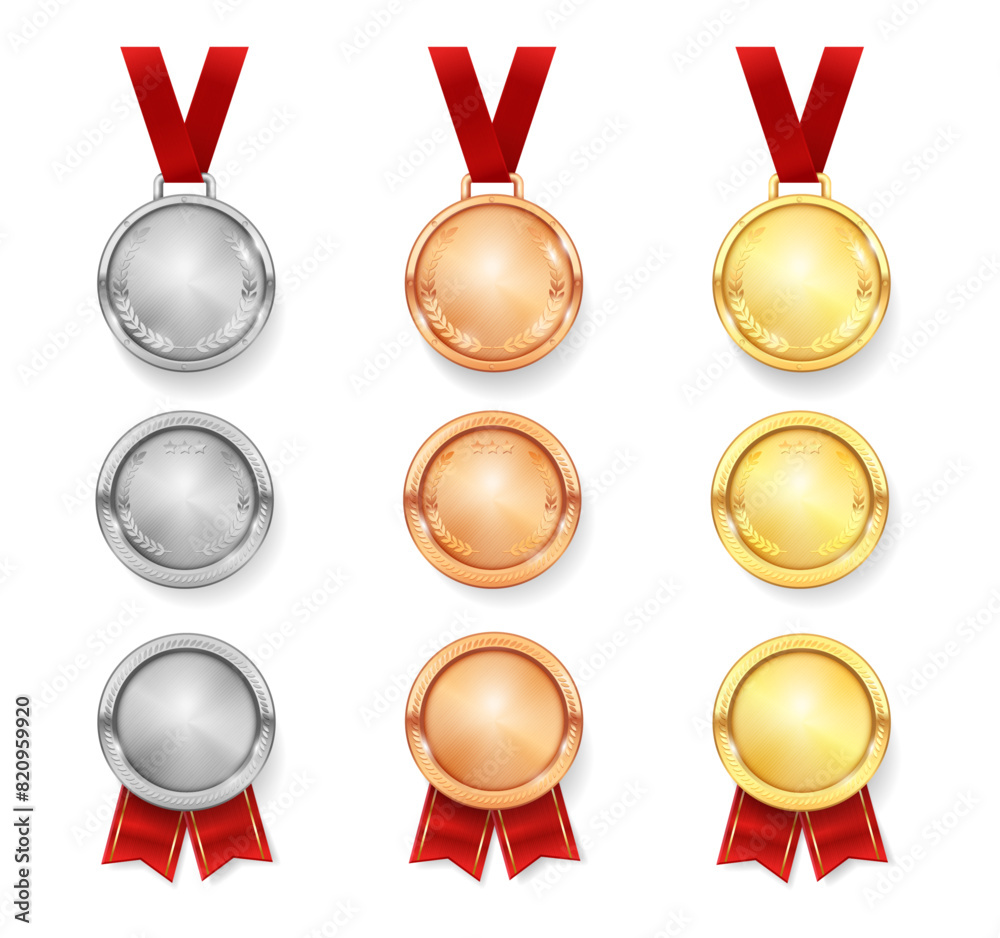 Gold, silver and bronze realistic medals mockup with ribbons, isolated ...