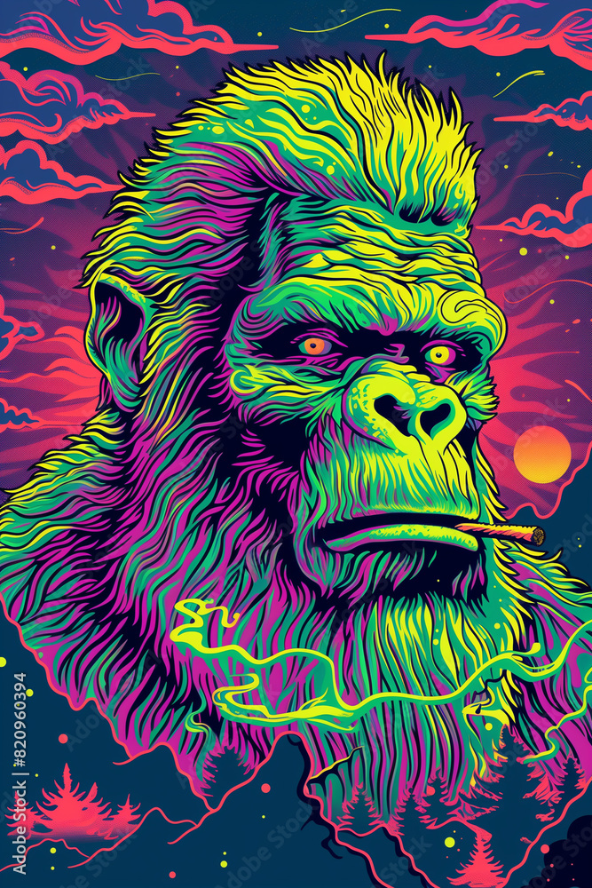 Bigfoot smoking a joint poster - vivid psychedelic style art of a ...