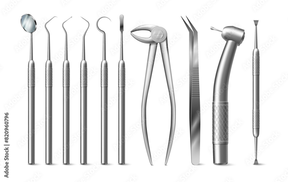 Mouth mirror and explorers, sickle probes and torque wrench, dental bur ...