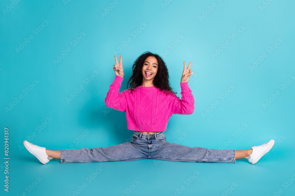 Full Size Photo Of Pretty Teen Girl Split Sit Floor V Sign Wear Trendy Pink Outfit Isolated On