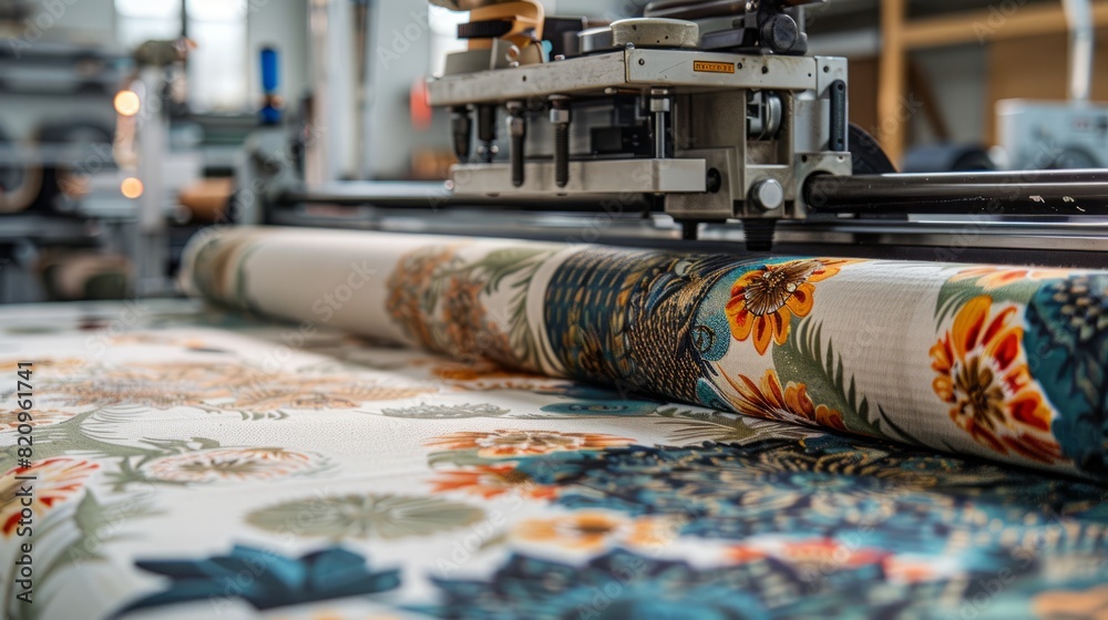 Fabric printing machine creating detailed designs in a modern workshop ...