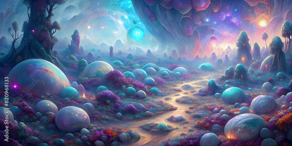 Immerse yourself in a dreamlike landscape, surrounded by glowing ...