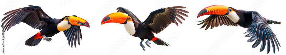 Set of toco toucan (Ramphastos toco) in mid flight. Flying tropical ...