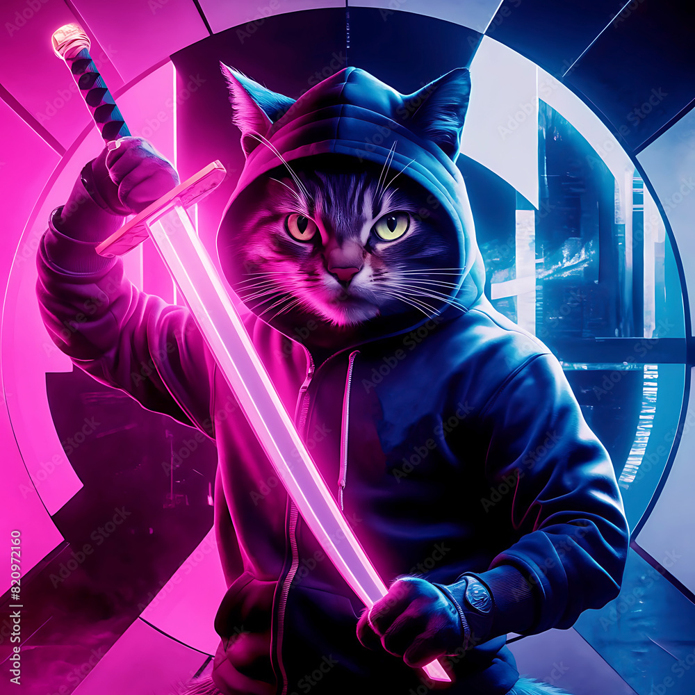 fighter cat with laser sword on the neon glowing background, warrior ...