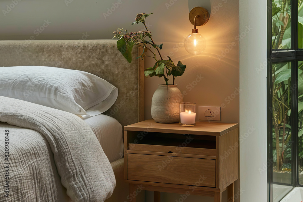 A small oak bedside table with one drawer and a light attached to the ...