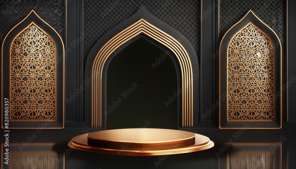 3d illustration of luxury islamic podium with gold border traditional ...