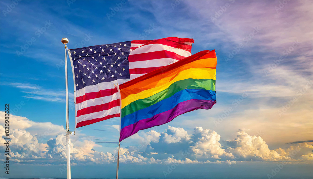 fluttering usa flag and lgbt flag on a blue sky background, lgbt pride ...