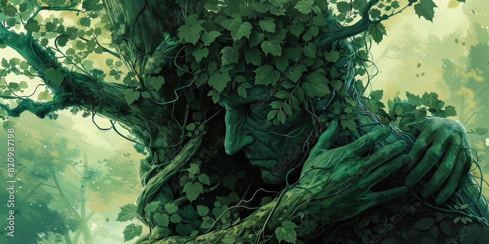 The Green Man's Embrace - The Green Man, his body covered in leaves and ...