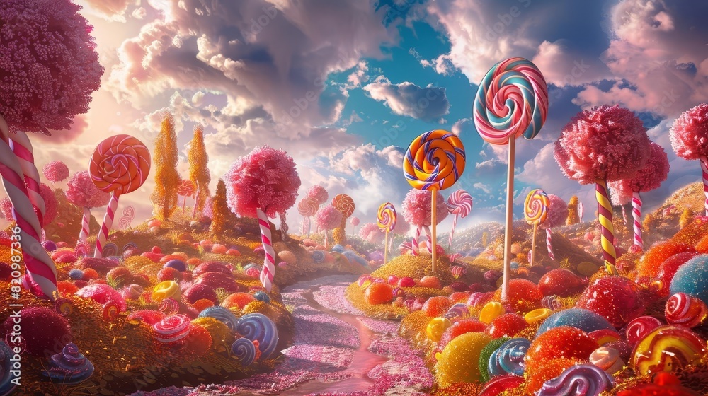 A whimsical illustration of lollipops growing in a candy land setting ...