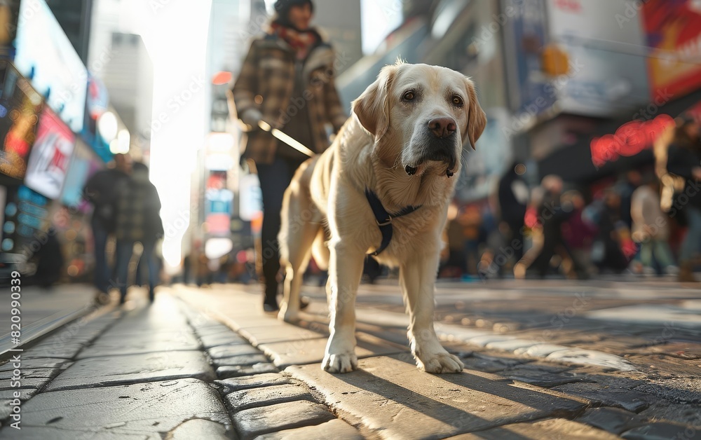 Guide dog leading a blind person through a bustling city street, focus ...