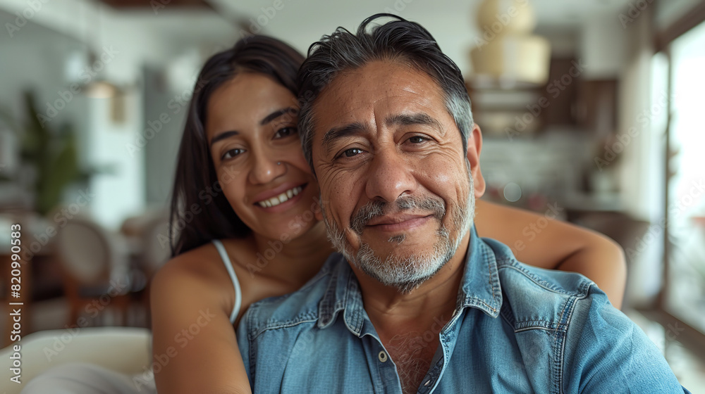 Foto de Cinematic photo of a happy middle aged Hispanic man sitting on ...