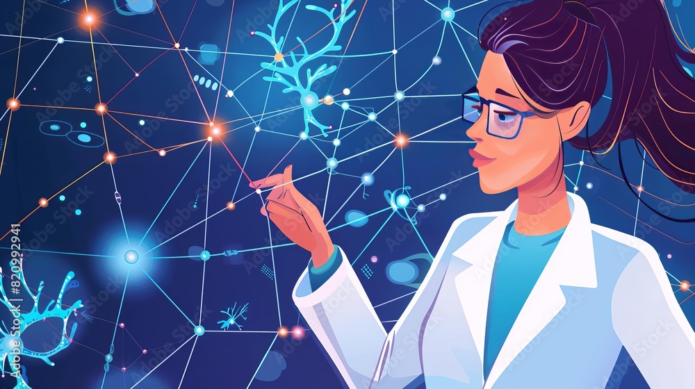 Female scientist in lab coat checking artificial neurons connected into ...
