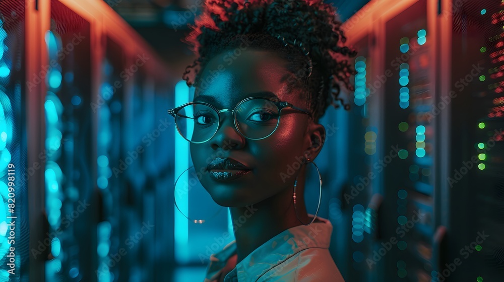 Portrait of a Black Woman Engineer amidst Technology in Server Room ...