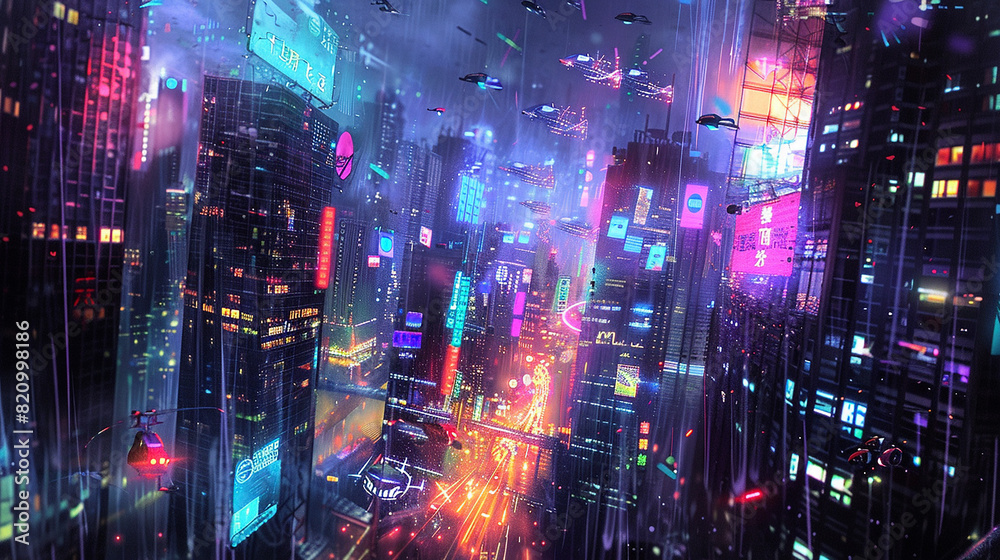 Cyberpunk-inspired digital illustration featuring a dystopian cityscape ...
