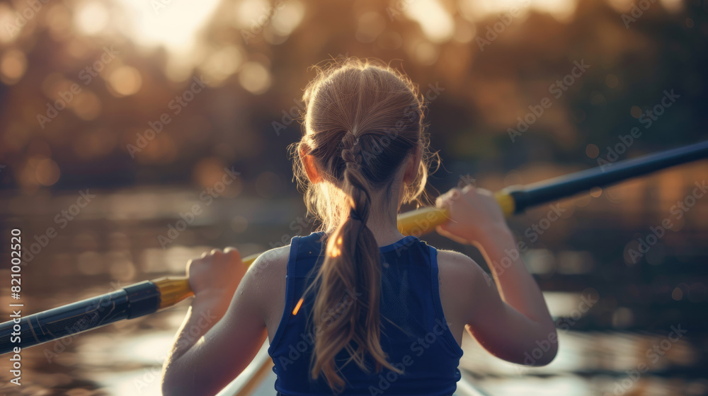 A young girl dressed in a rowing uniform holds a single oar, her back ...