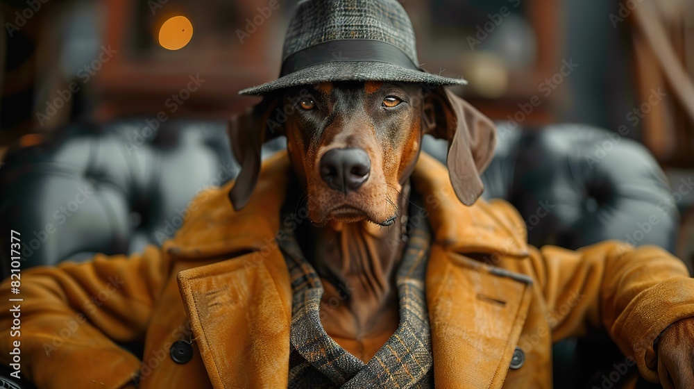 a charismatic doberman dog posing as a boss proud and confident dressed ...