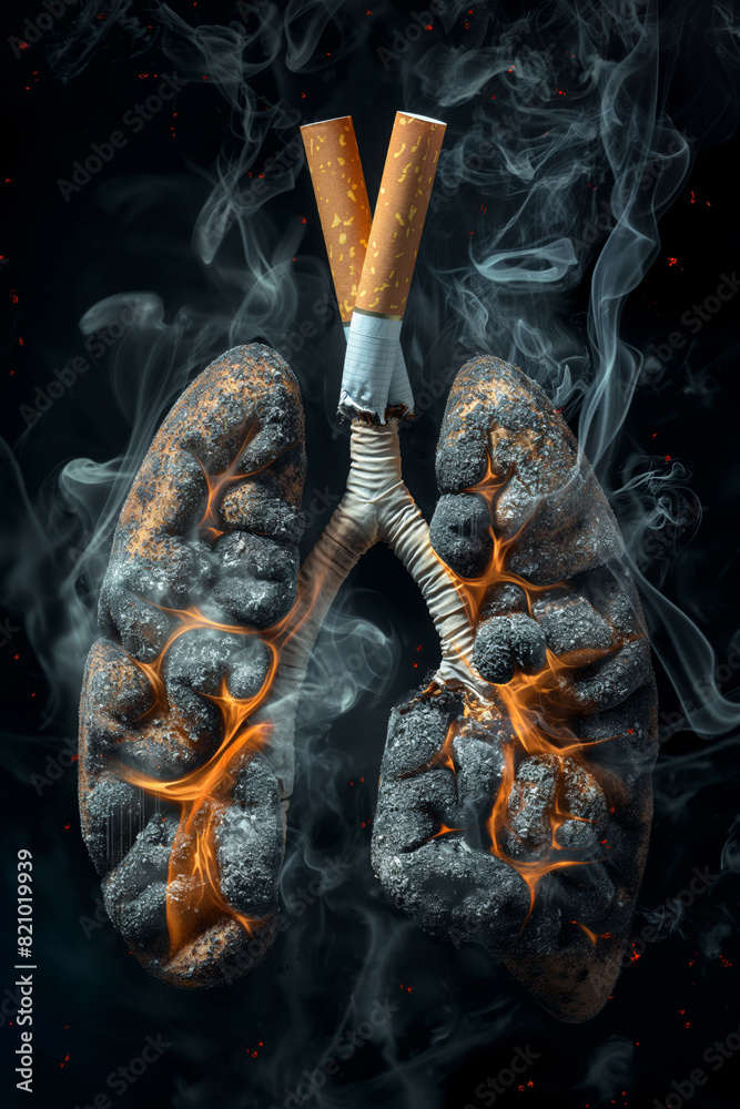 A pair of human lungs made from cigarettes with smoke coming out of the ...
