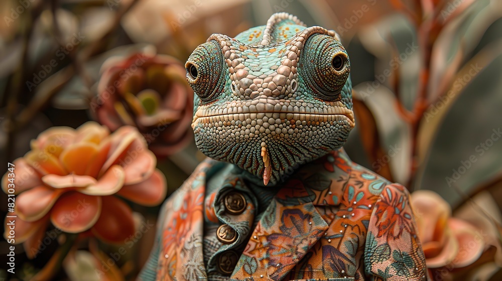 The anthropomorphic chameleon, adorned in a sartorial floral suit ...