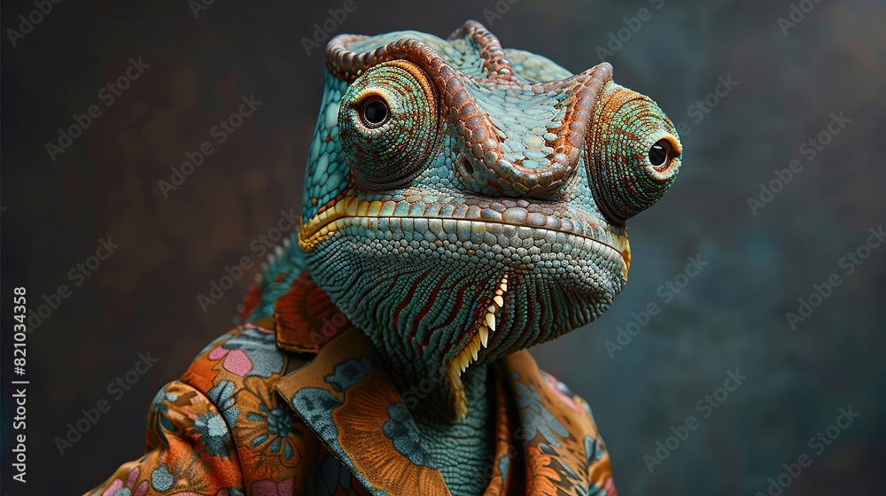 The anthropomorphic chameleon, adorned in a sartorial floral suit ...