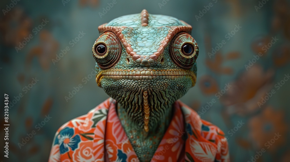 The anthropomorphic chameleon, adorned in a sartorial floral suit ...