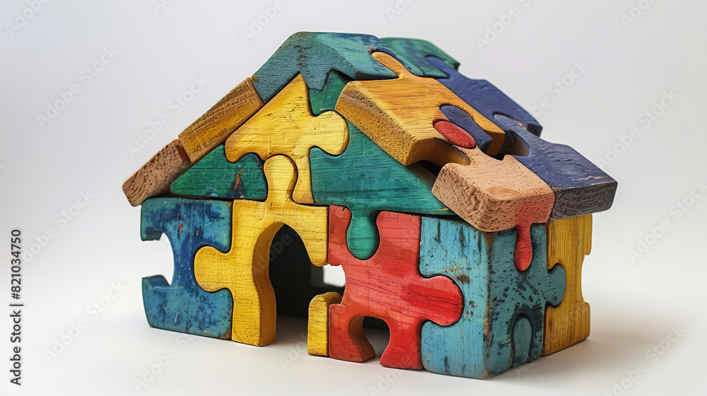 A colorful house-shaped puzzle made of interlocking pieces, showcasing ...
