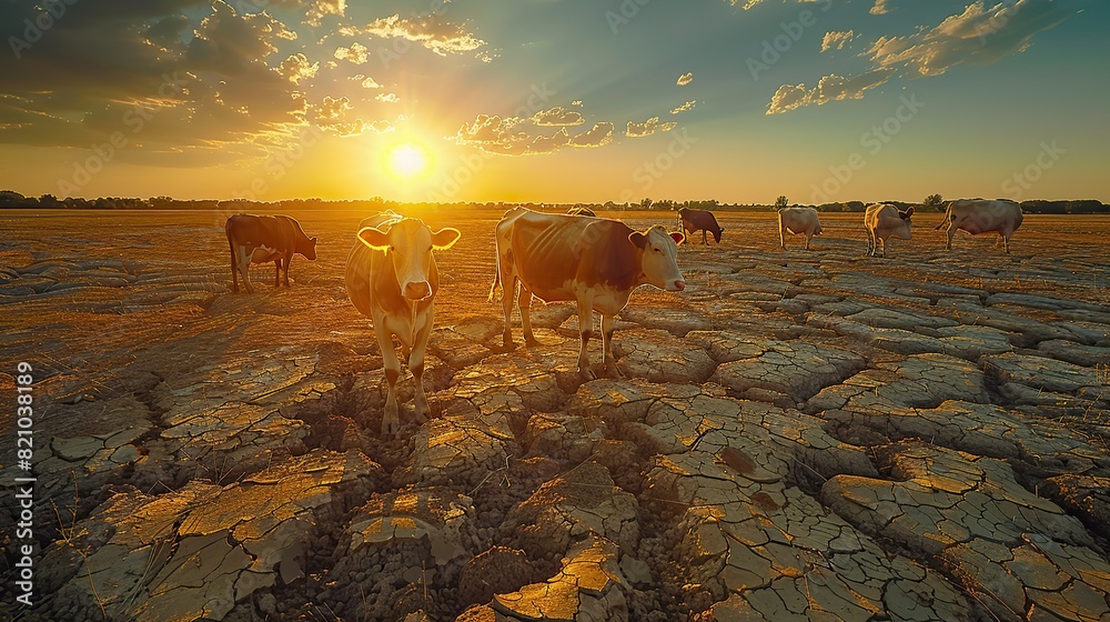 cows in a dry field under hot sun suffering from lack of water earth ...