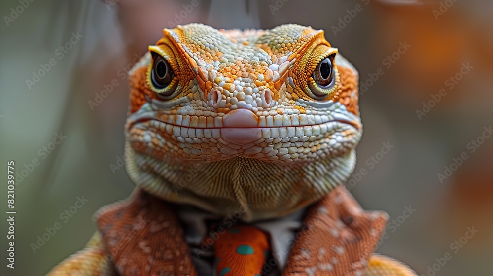 An elegantly attired lizard in a suit and tie poses for a charismatic ...