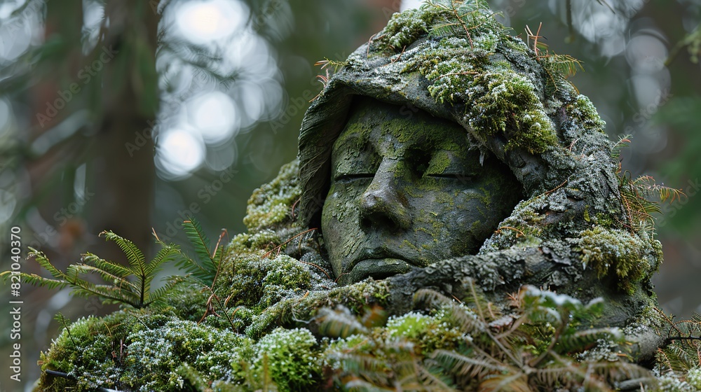 Amidst the verdant embrace of the forest, a moss-draped effigy of a ...