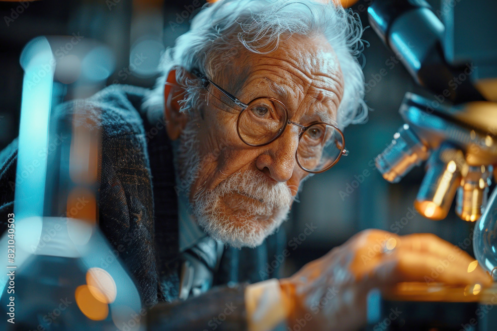 An elderly scientist in a lab, still contributing to their field ...