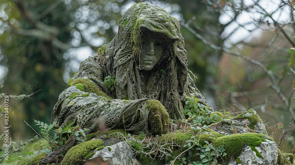 Amidst the verdant embrace of the forest, a moss-draped effigy of a ...