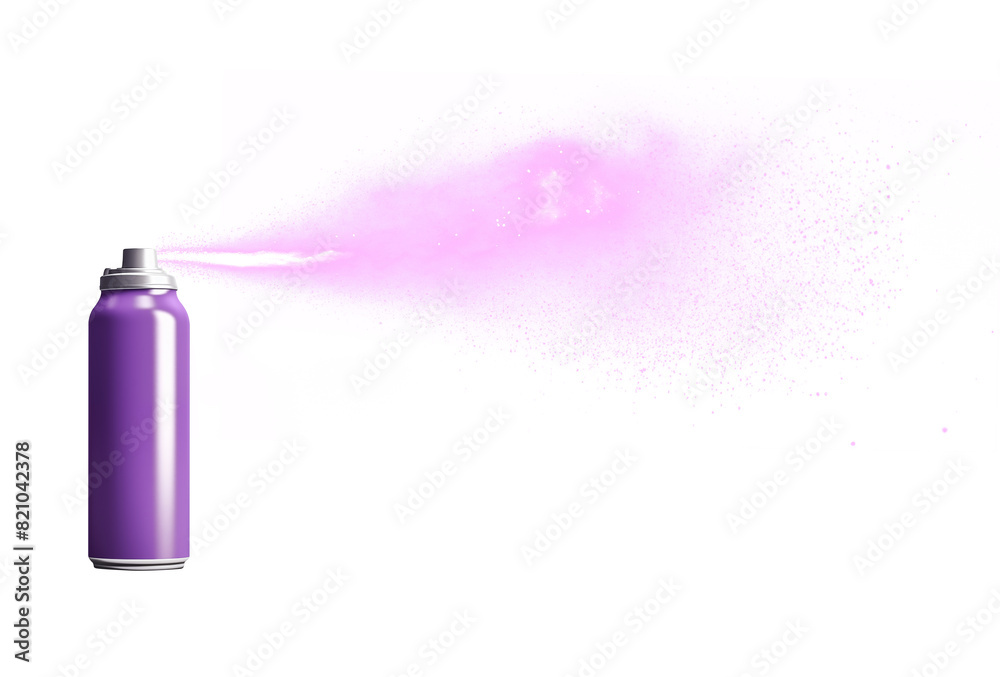 Purple metallic blank spray can with purple spray. Isolated transparent ...