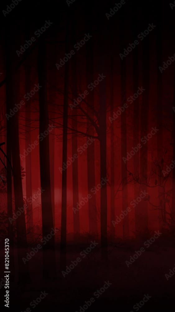 Vertical Haunted Red Forest with Bats and Skeleton 4K features a forest ...