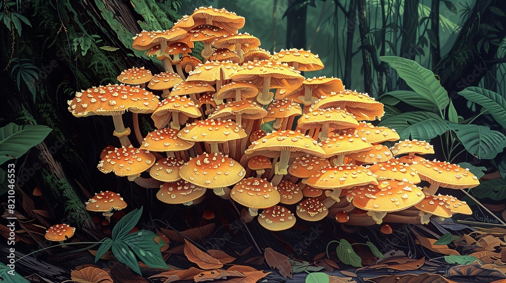 Tropical Forest Background, A dense cluster of fungi sprouting from the ...