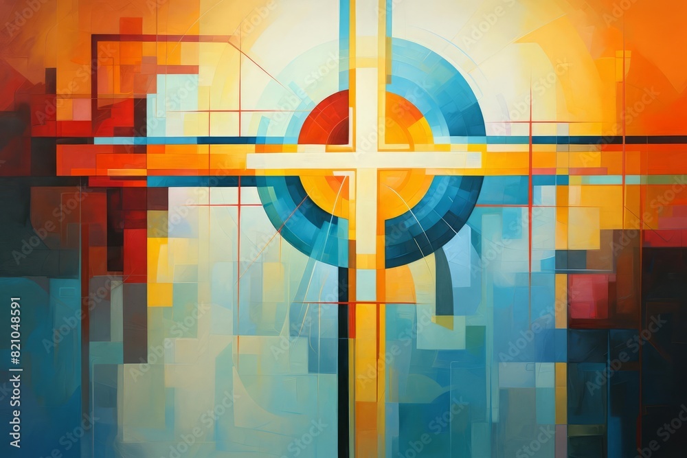 An abstract painting of a geometric cross and an open Bible ...