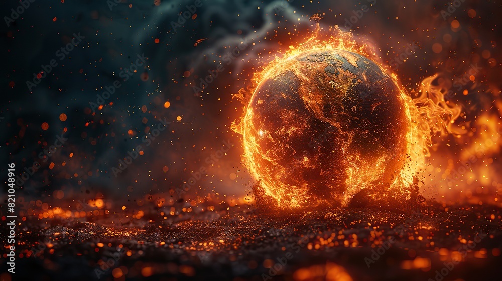Poster, Foto A charred Earth globe, consumed by flames and crumbling ...