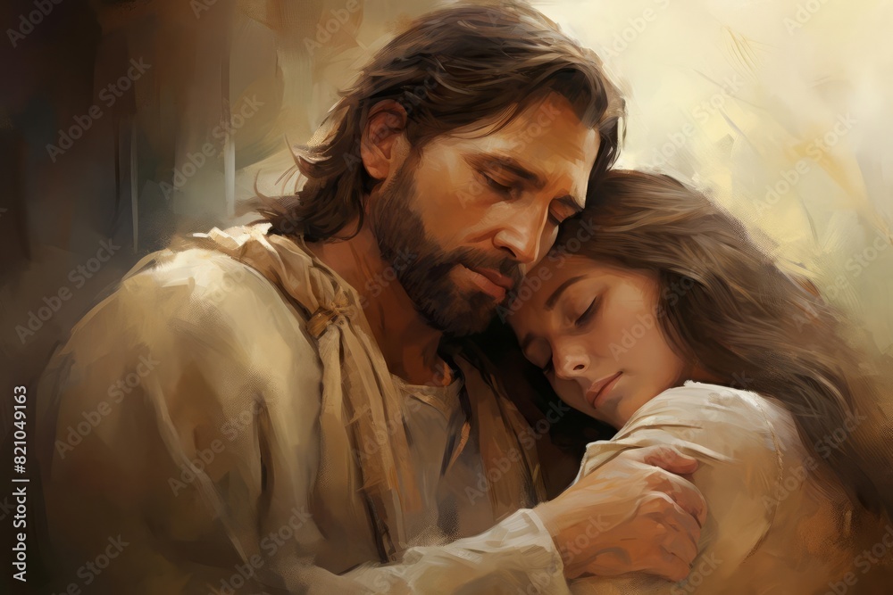 An illustration of Jesus offering comfort to a woman in his arms ...