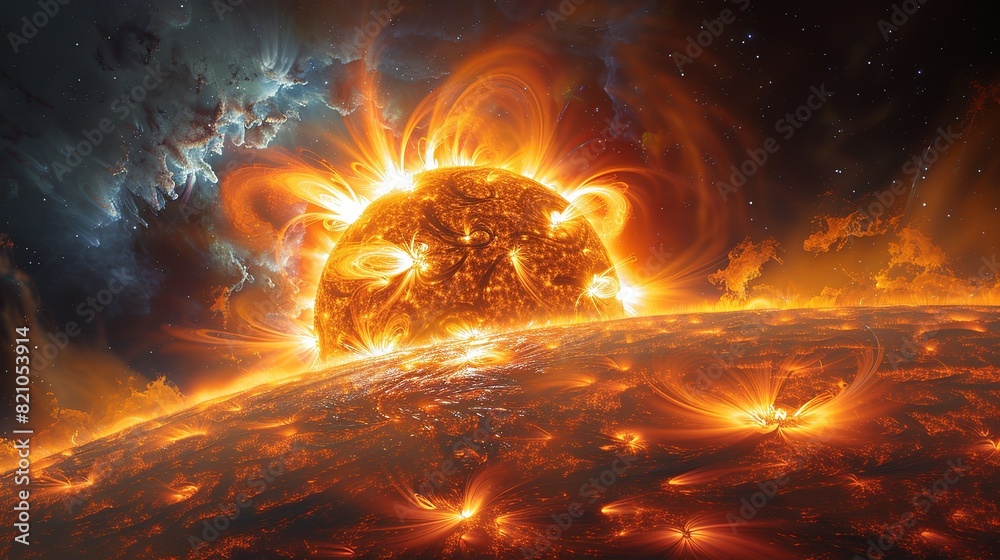 Astronomy Background, Sun emitting powerful solar winds with dynamic ...